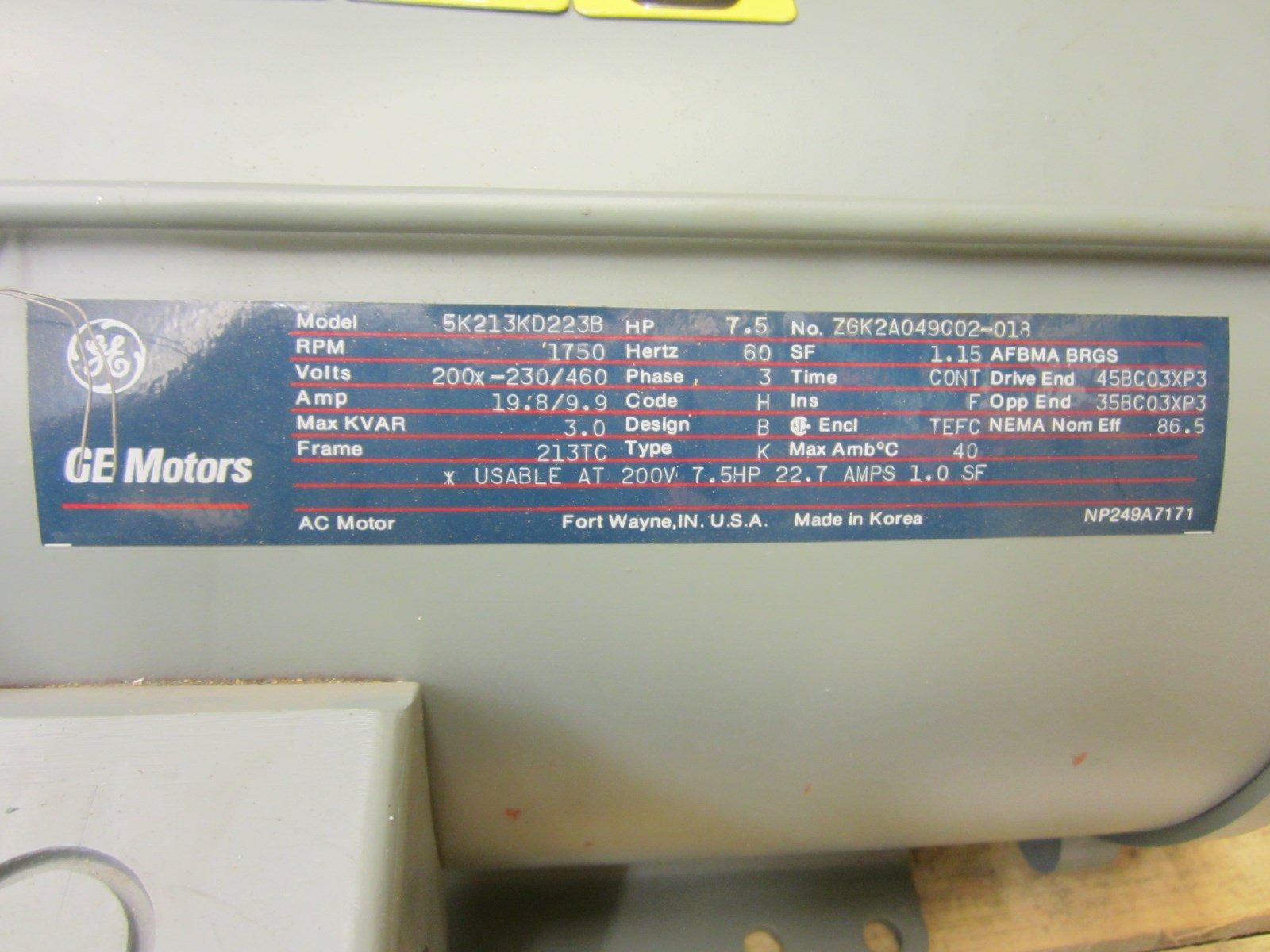 GE 7.5 HP POLYPHASE MOTOR 5K213KD223B ZGK2A049C02-018 | eBay