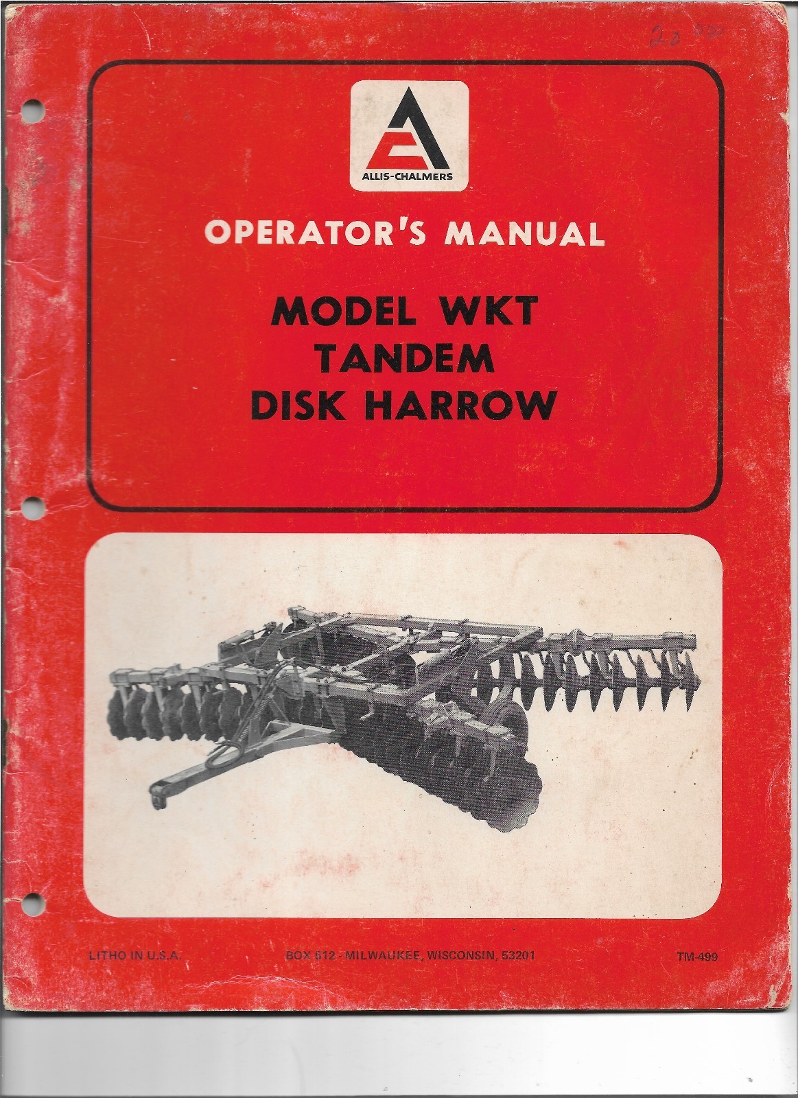 Original OEM Allis Chalmers Model WKT Tandem Disk Disc Harrow Operator ...