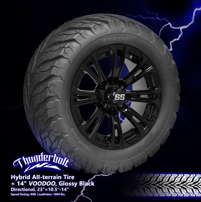 GOLF CART 14"x7" BLACK 'VOODOO' WHEELS and 23"x10.5"-14" HYBRID A/T ...