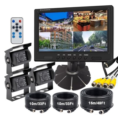 9" Quad Monitor Split Screen 3x Rear View Backup Cameras 12-36v For ...