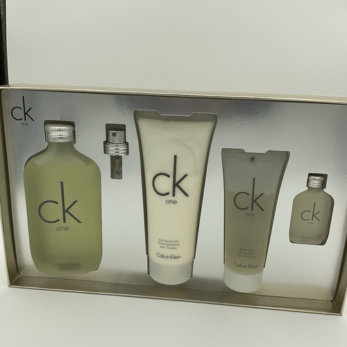 CK One 4 PCS SET (6.8 OZ EDT+ 6.8 Body Lotion +3.4 OZShower GEL + MINI ...