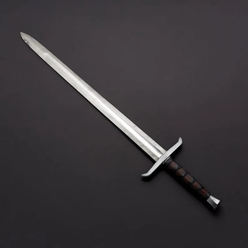Damascus Steel Sword Medieval Hand Forged Battle Ready with leather ...