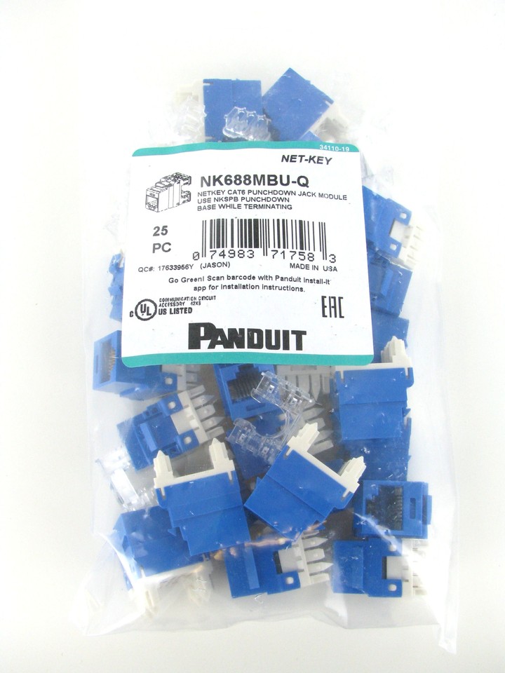 (PACK OF 25) Panduit NetKey NK688MBU-Q Cat6 Keystone Jack Module, Blue ...