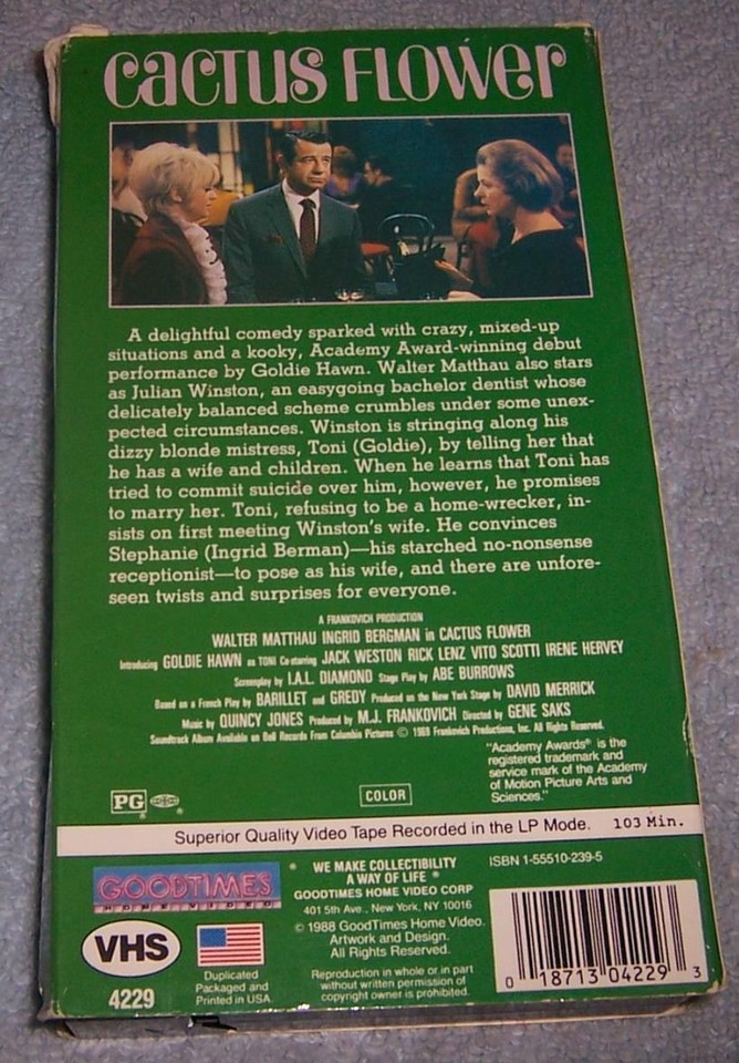 Cactus Flower VHS Video Walter Matthau Ingrid Bergman Goldie Hawn ...