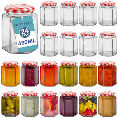 HEFTMAN Hexagonal Jam Jars 480ml 24 Pack Red Gingham Lid Pickling ...