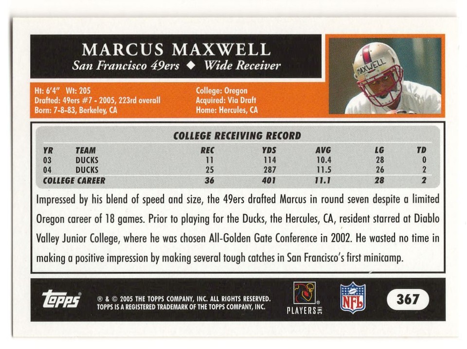 2005 TOPPS 1ST EDITION #367 MARCUS MAXWELL RC SAN FRANCISCO 49ERS | eBay