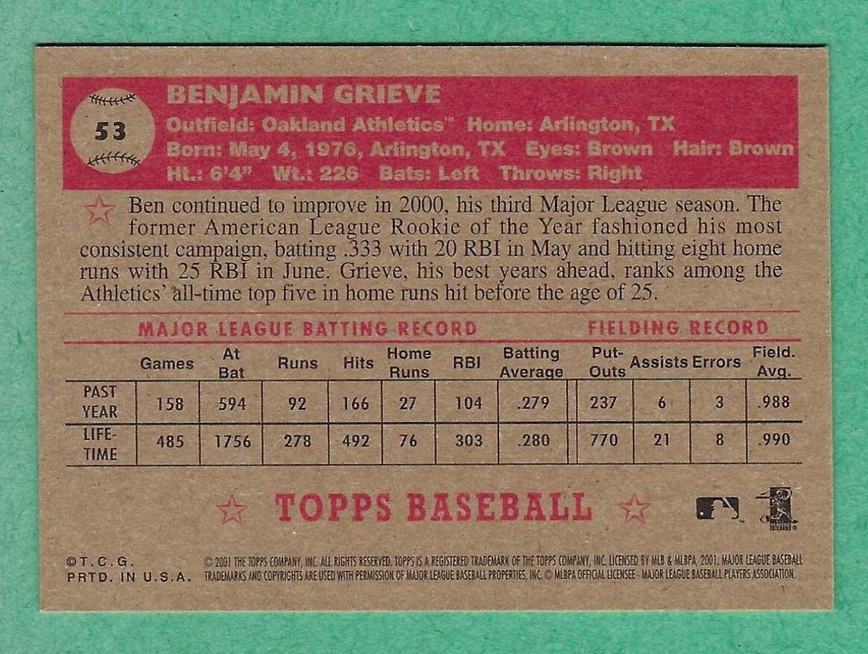 2001 Topps Heritage Baseball - Ben Grieve #53 Athletics | eBay