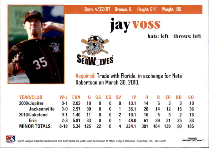 2011 Erie SeaWolves Grandstand #26 Jay Voss Breese Illinois IL Baseball ...