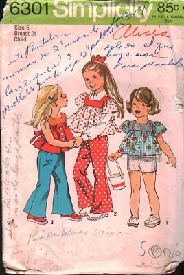 6301 Vintage Simplicity Sewing Pattern Girls 1970s Top Bell Bottom ...