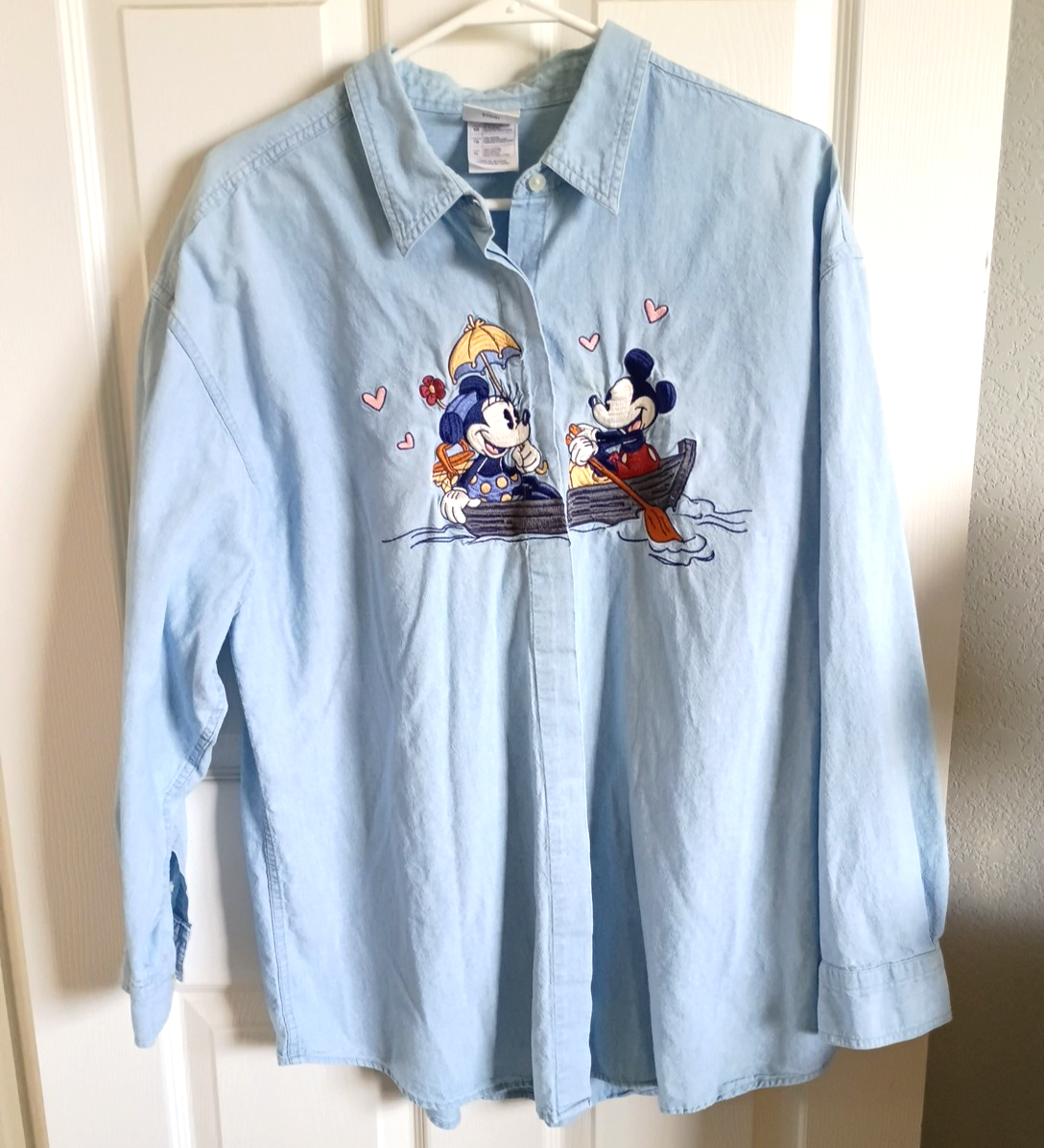 Disney Store Mickey Minnie Mouse Rowing Boat Embroidered Denim Shirt XL ...