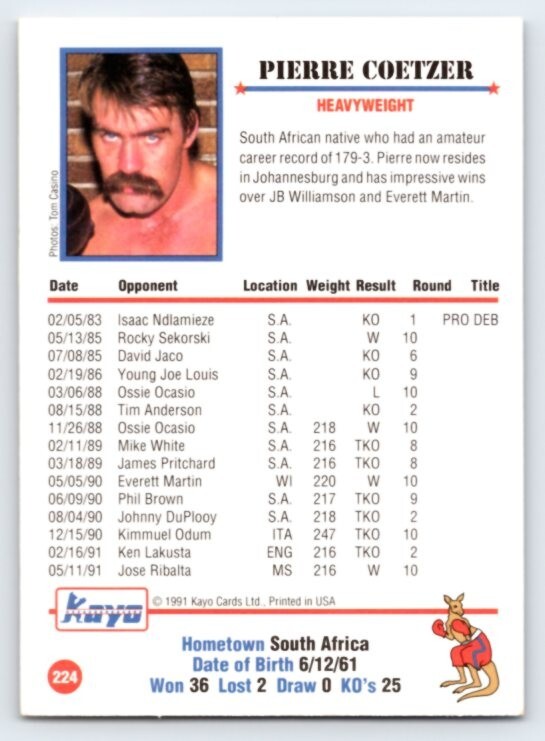 PIERRE COETZER HEAVYWEIGHT BOXER Kayo Boxing Trading Card 1991 M171 | eBay