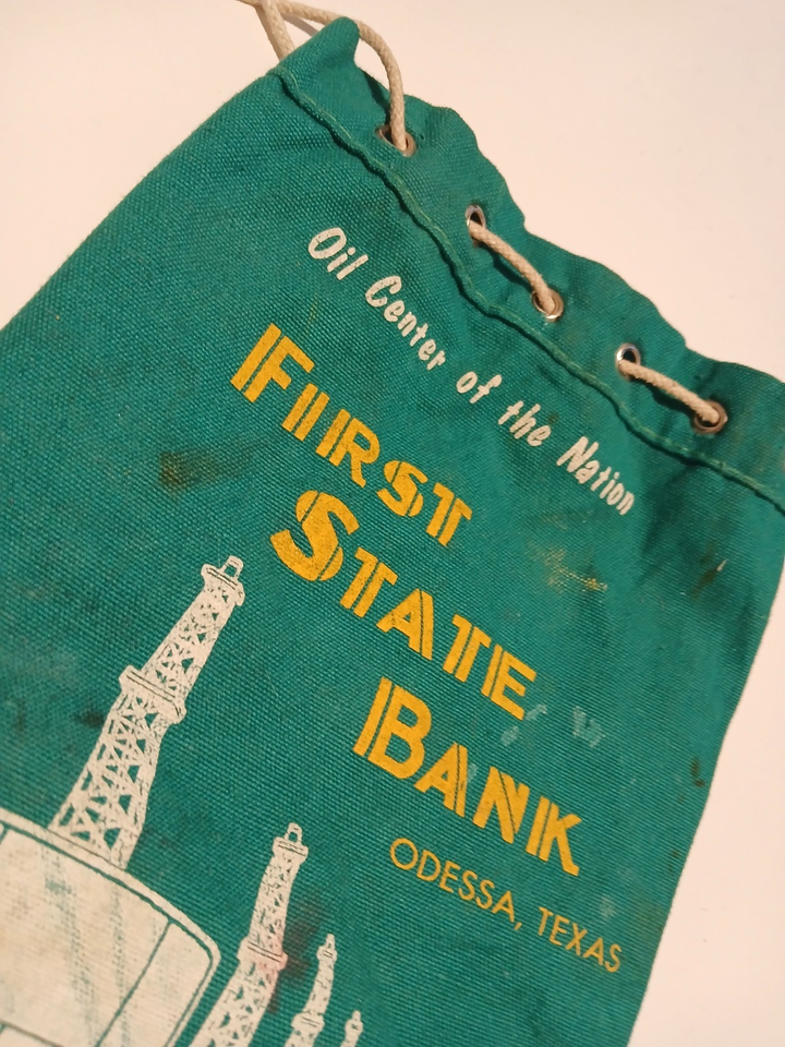 VTG CLOTH BANK BAG ODESSA TEXAS DRAWSTRING FIRST STATE BANK OIL DERRICK ...
