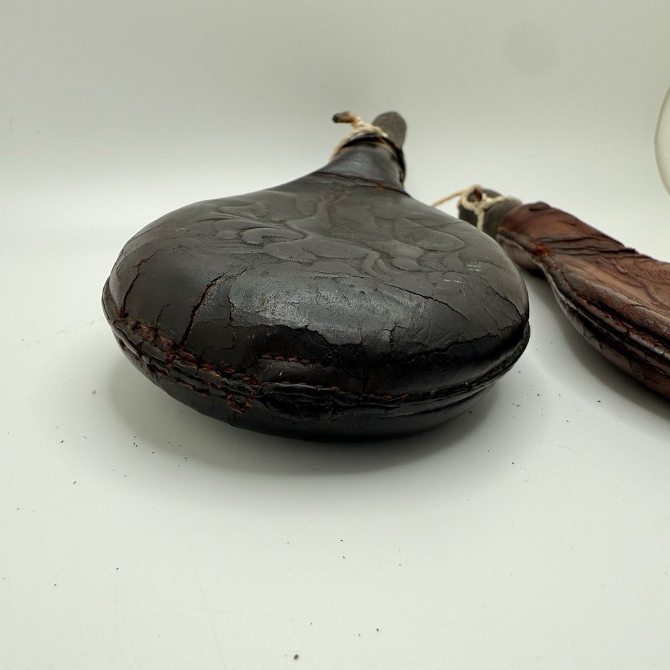 Antique Leather Covered Powder Flasks Lot Of 2 Embossed Hunting Scene ...
