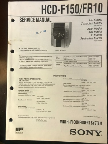 ORIGINAL SERVICE MANUAL & SCHEMATIC SONY HCD-F150/FR10 D704 | eBay