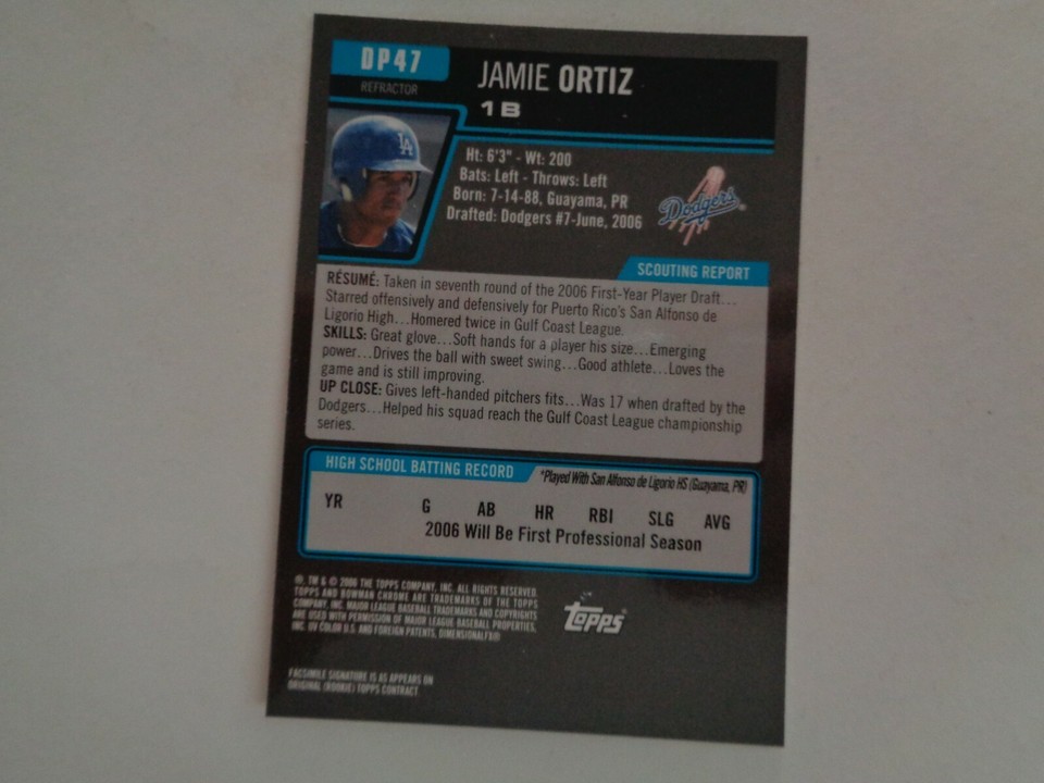 2006 Bowman Chrome Draft Picks & Prospects Refractor Jamie Ortiz Card # ...