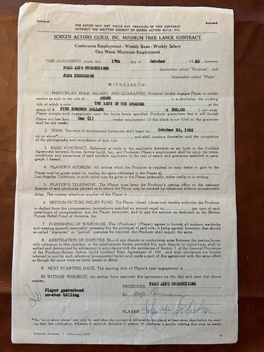 Contract Signed by Jack Nicholson and R. Corman for The Terror - 1962 ...