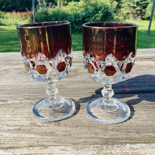 Set of 2 Antique EAPG Cranberry Ruby Red Block Pressed Glass Water Wine ...