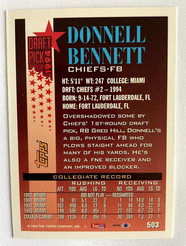 1994 Topps Football Draft Pick #503 Donnell Bennett - Kansas City ...