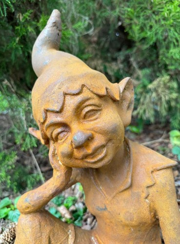 Cast Iron Seated Pixie Elf Goblin Gnome - Outdoor Garden Statue ...