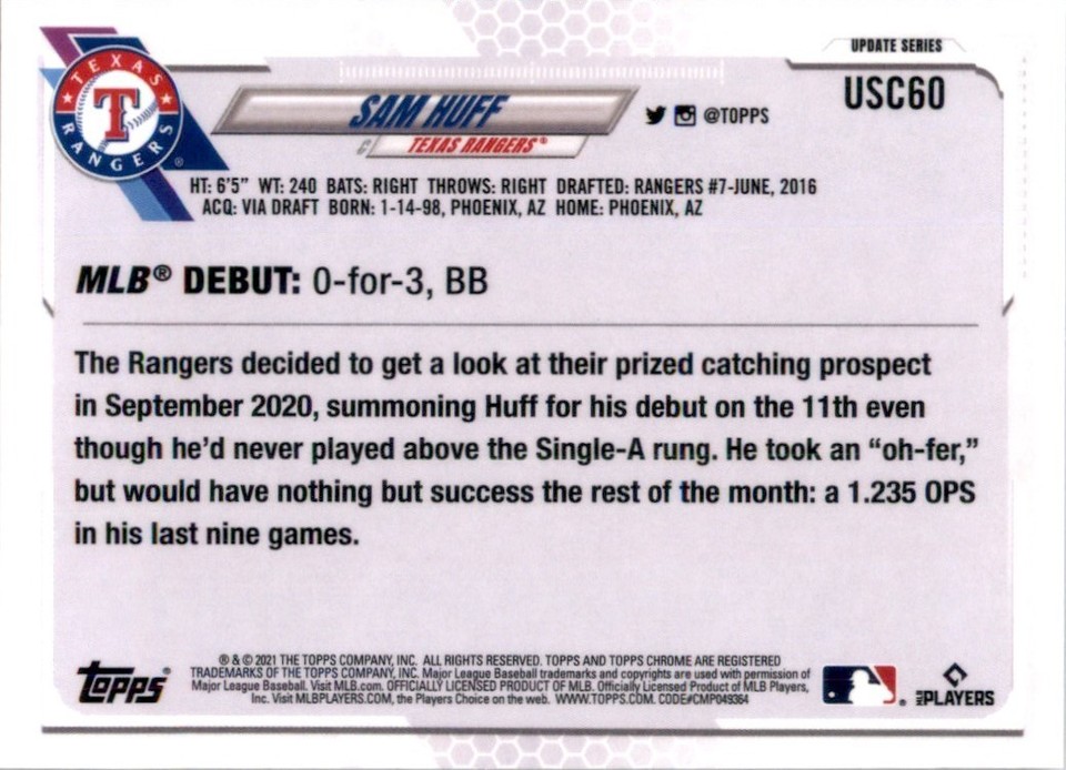 2021 Topps Chrome Update Sam Huff RC Texas Rangers #USC60 TW23948 | eBay