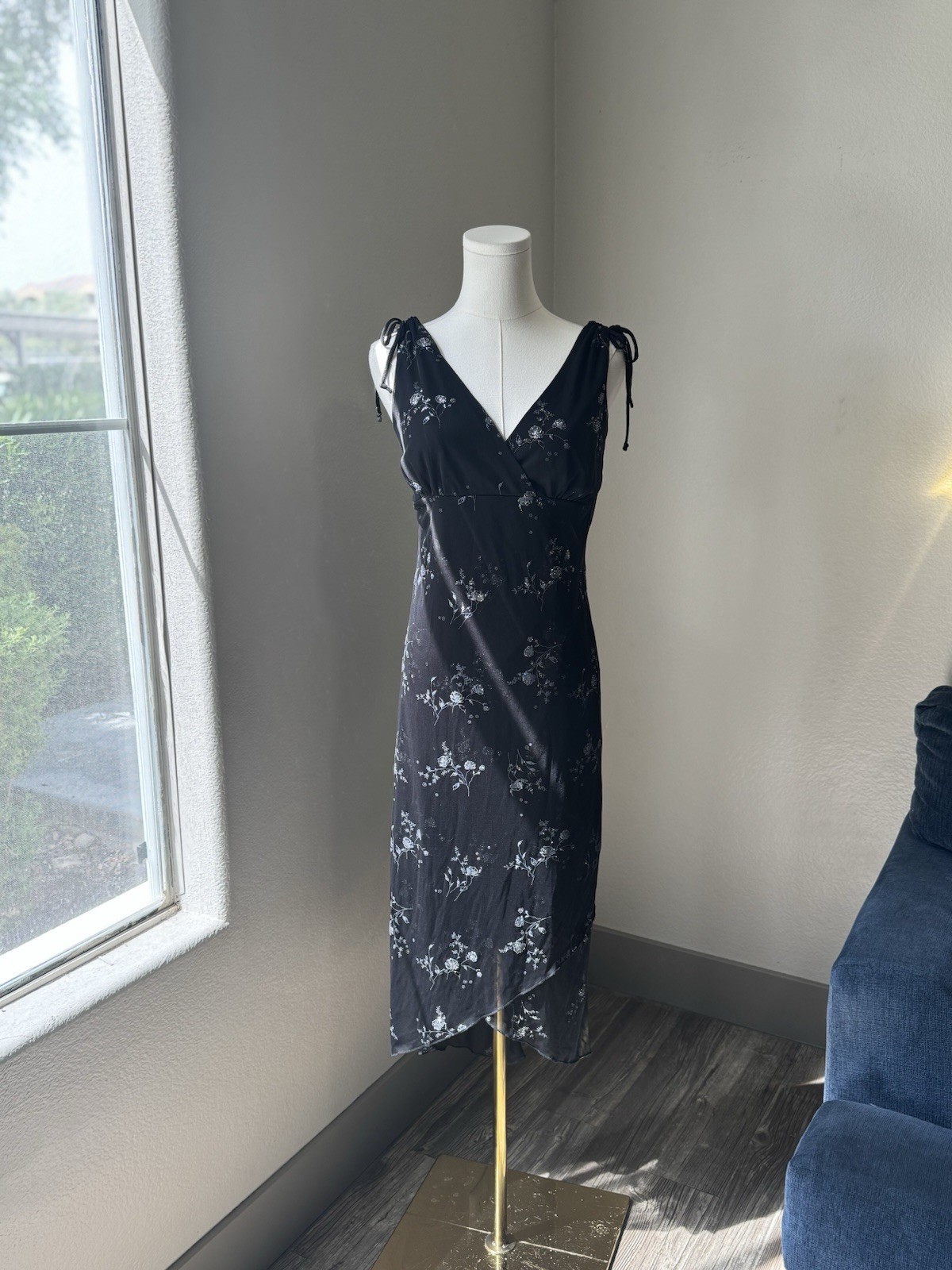 2000s Black Whimsy-Goth MIDI Dress with Sparkly Flora… - Gem