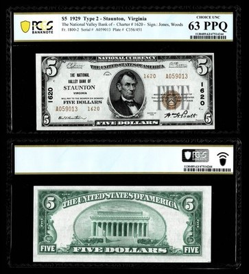 Staunton, VA - $5 1929 Ty. 2 The National Valley Bank Ch. # 1620 PCGS ...