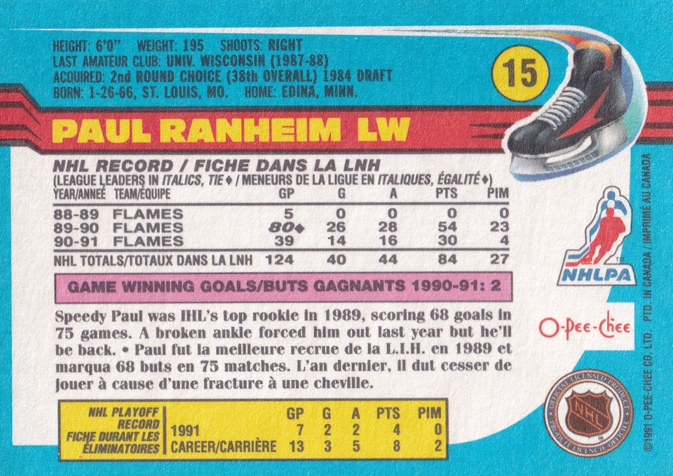 1991-92 O-Pee-Chee #15 Paul Ranheim NHL Calgary + (Yes 4 Free Mystery ...