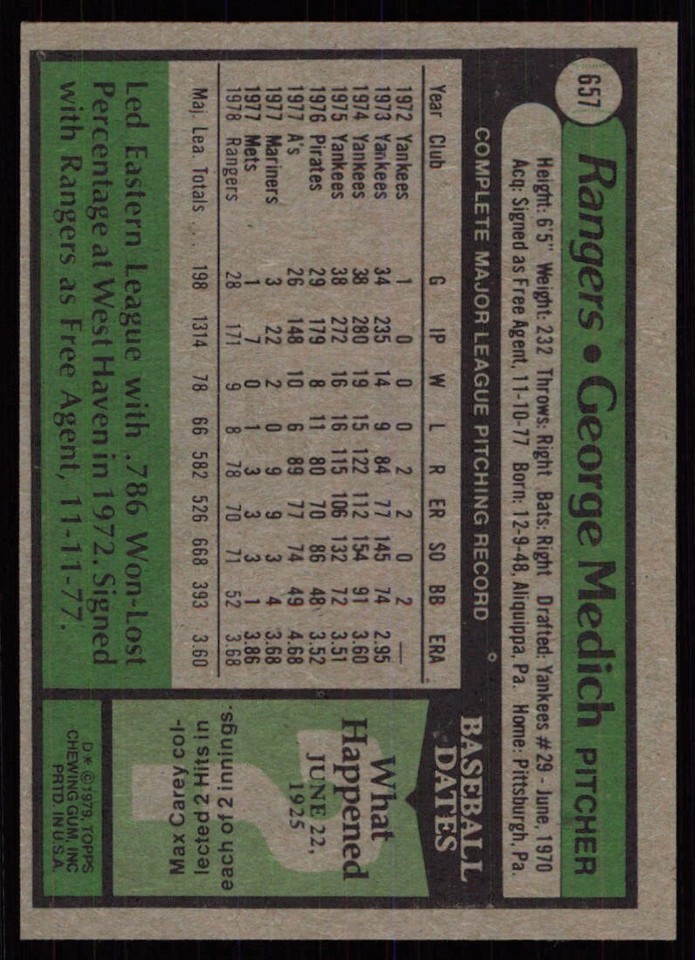 1979 Topps Doc Medich Texas Rangers #657 | eBay
