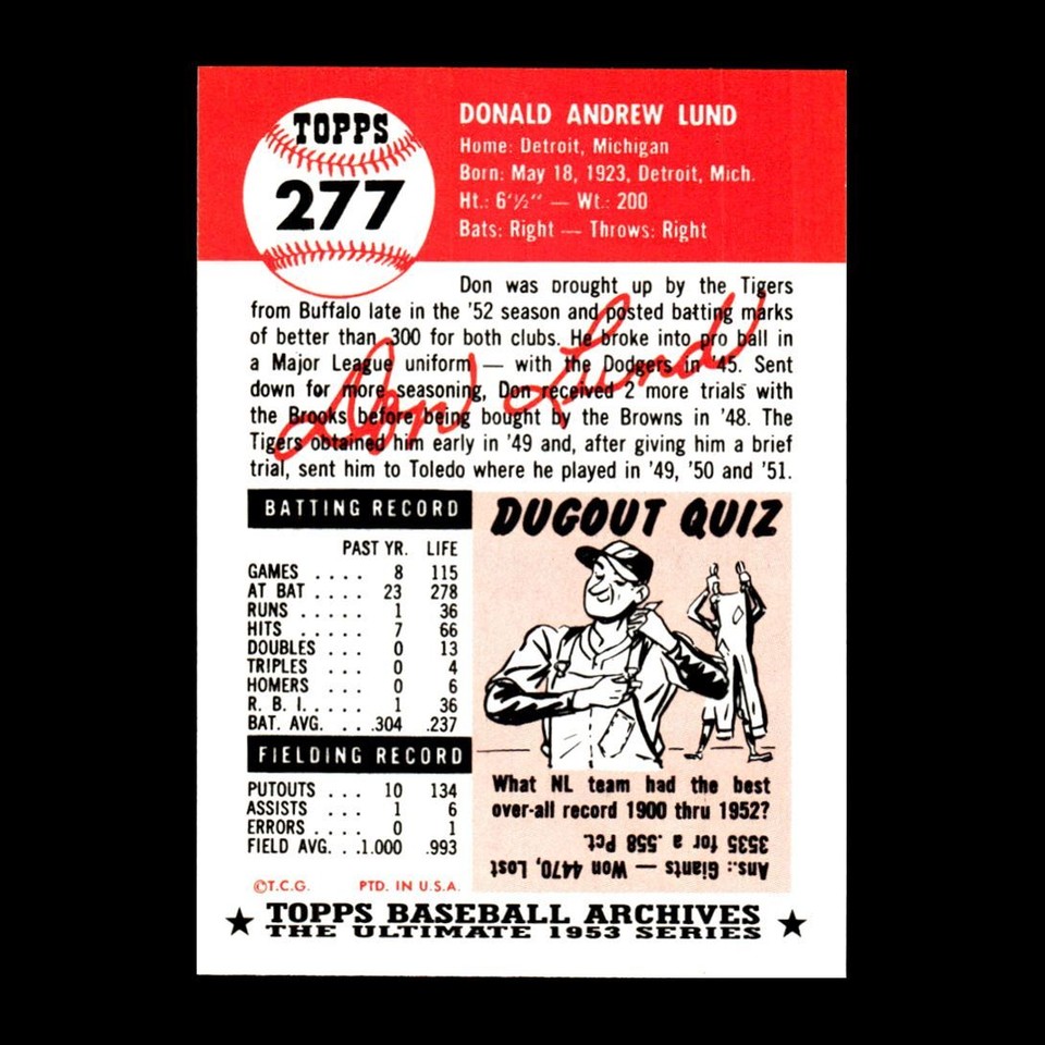 Don Lund 1991 Topps Archives 1953 Rookie Detroit Tigers #277 NM GM 2 | eBay