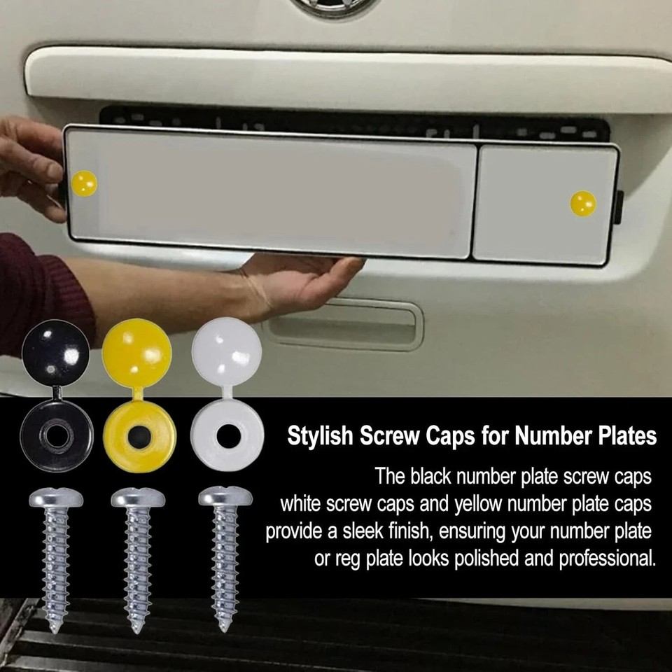6 x NUMBER PLATE CAR FIXING FITTING KIT SCREWS & CAPS HINGED BLACK ...