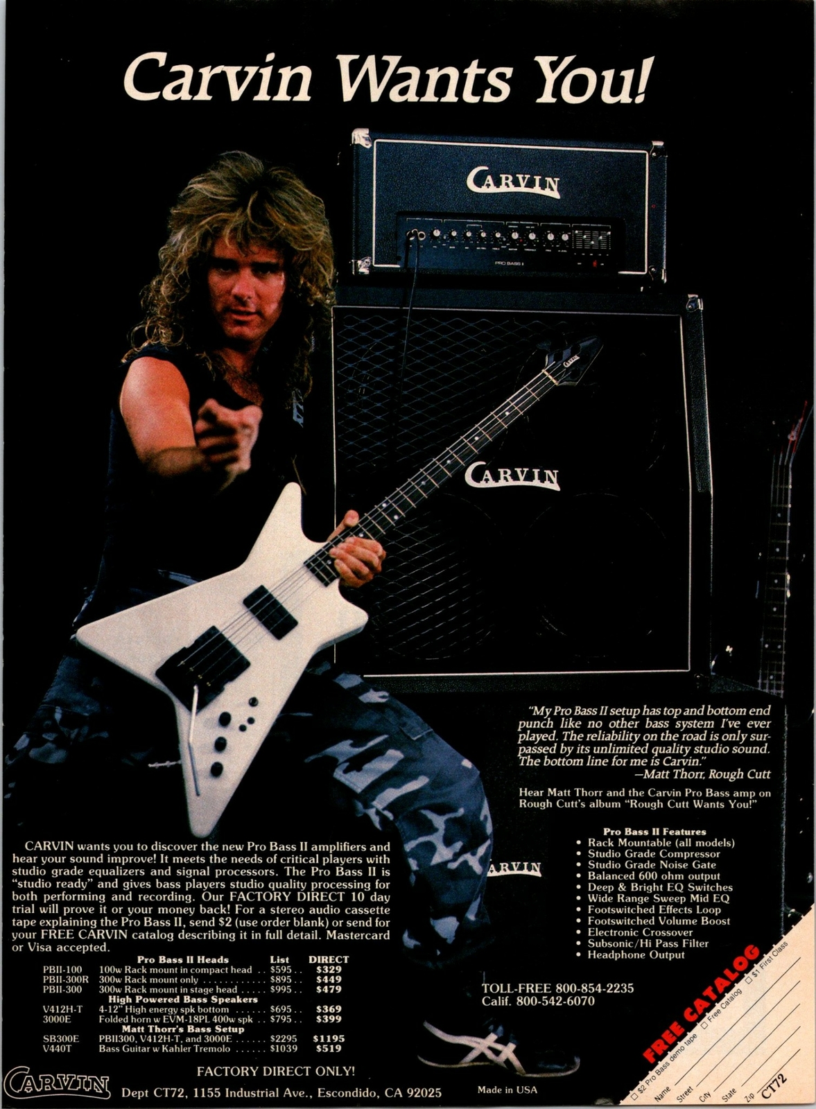 1987 VINTAGE 8X11 PRINT Ad Carvin GUITARS/AMPS WITH MATT THORR OF ROUGH ...