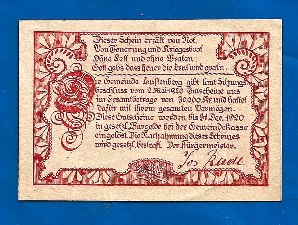 1920 Luftenberg AUSTRIA notgeld 50 Funfzig Heller note bill emergency ...