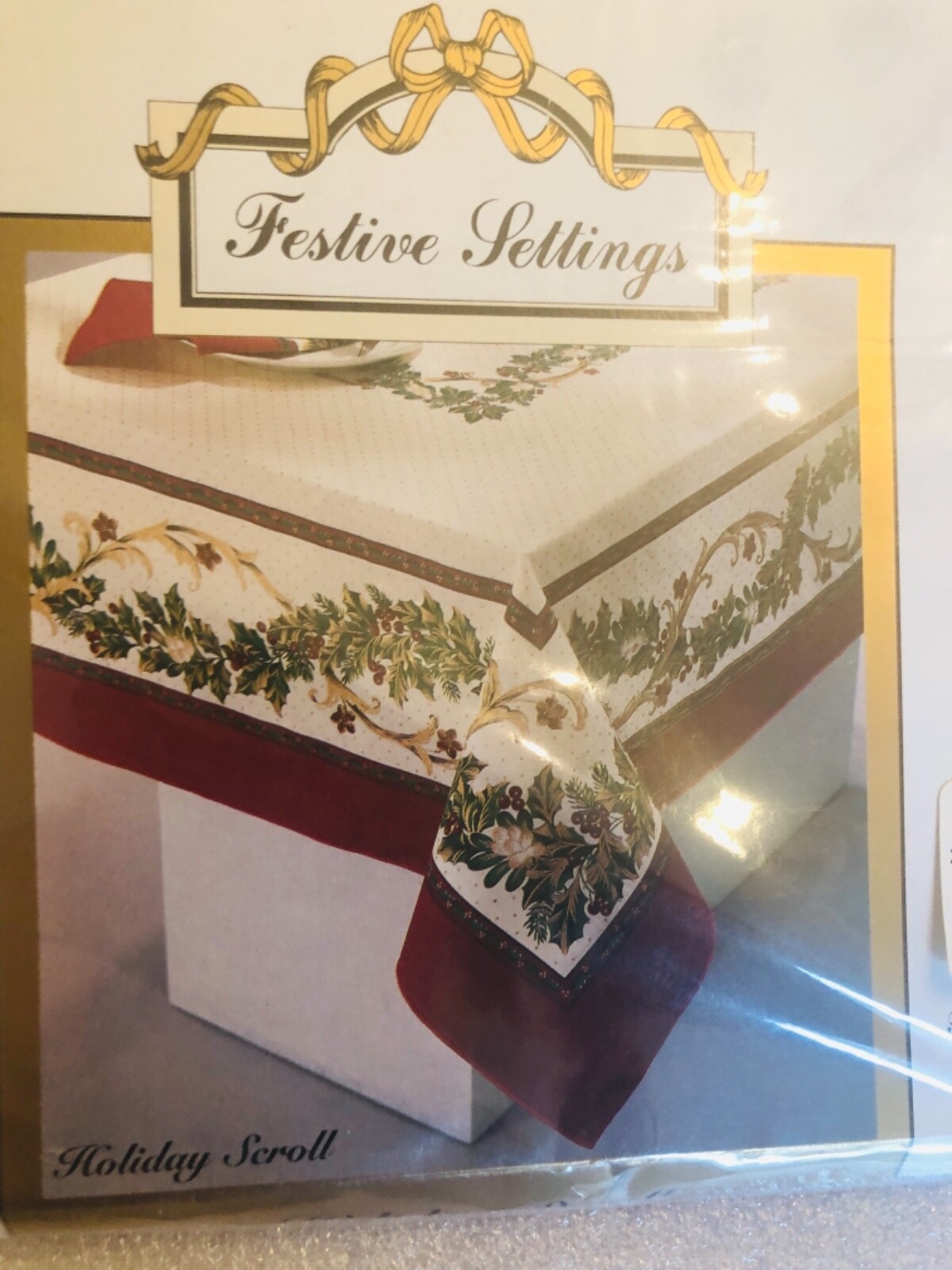 Vintage Avon Christmas Tablecloth Holiday Scroll Holly Metallic Accents ...