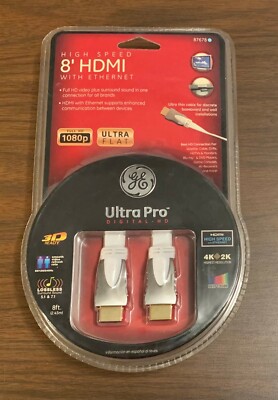 GE 8 ft. UltraPro High-Speed HDMI FLAT Cable w/ Ethernet, White, 1080P ...