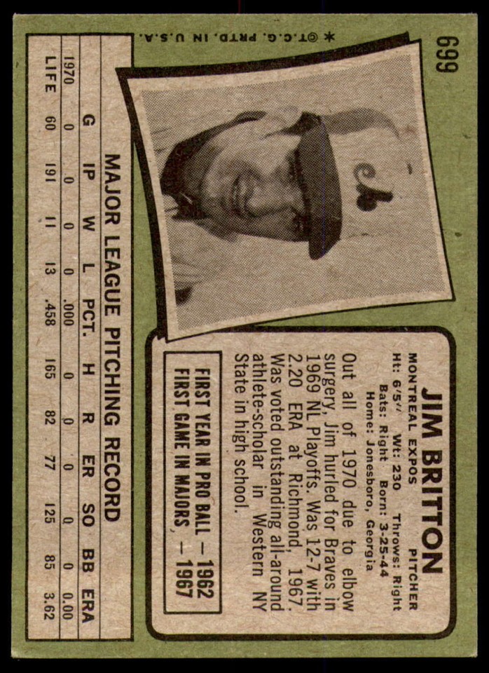 1971 Topps #699 Jim Britton Excellent+ Expos High # ID:246496 | eBay