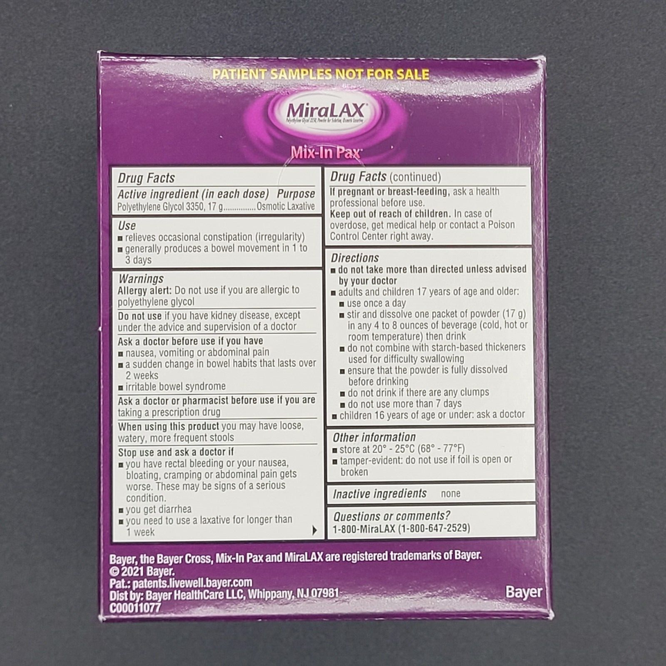 2x MiraLAX Mix-in Pax (20) Single Dose Laxative Powder Packets Exp 04/ ...