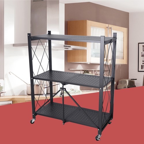 3-Tier Foldable Metal Rolling Trolley Cart Utility Rack Storage Shelves ...