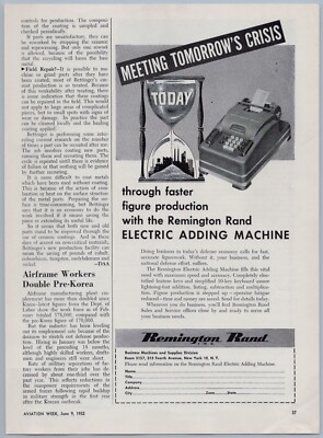 1952 Remington Rand Vintage Aviation Ad Electric Adding Machine ...