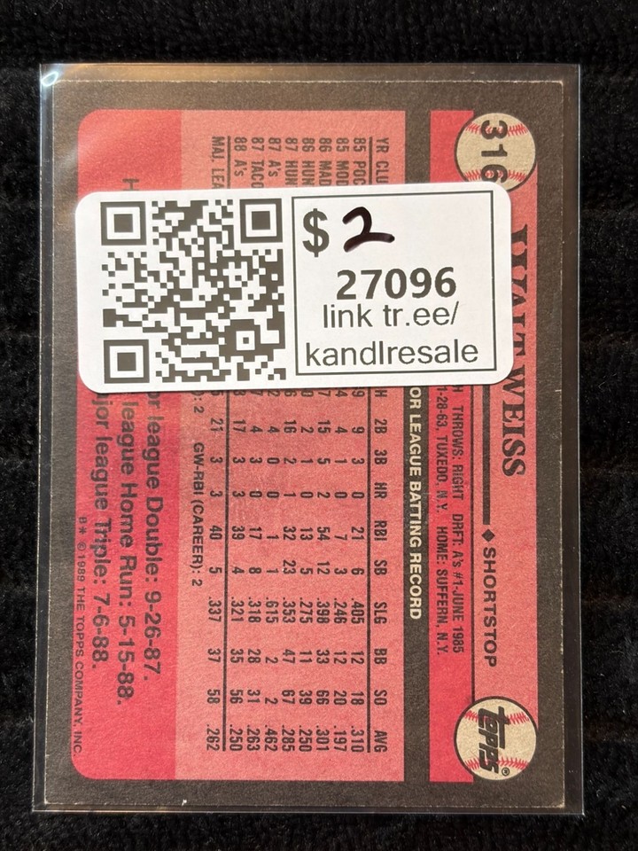 1989 Topps Walt Weiss Athletics Rookie Baseball Card #316 Vintage MLB ...