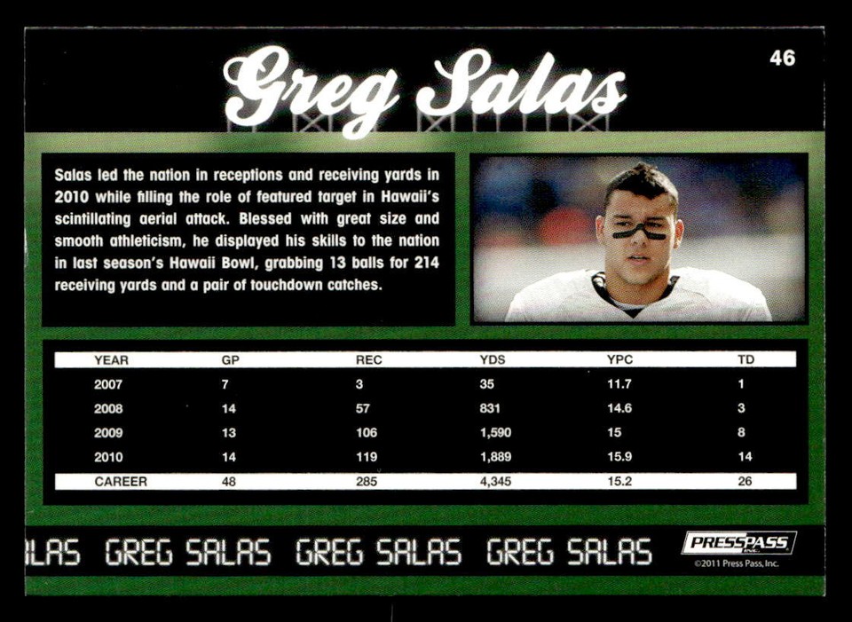 Greg Salas 2011 Press Pass Card #46 Hawaii Rainbow Warriors | eBay