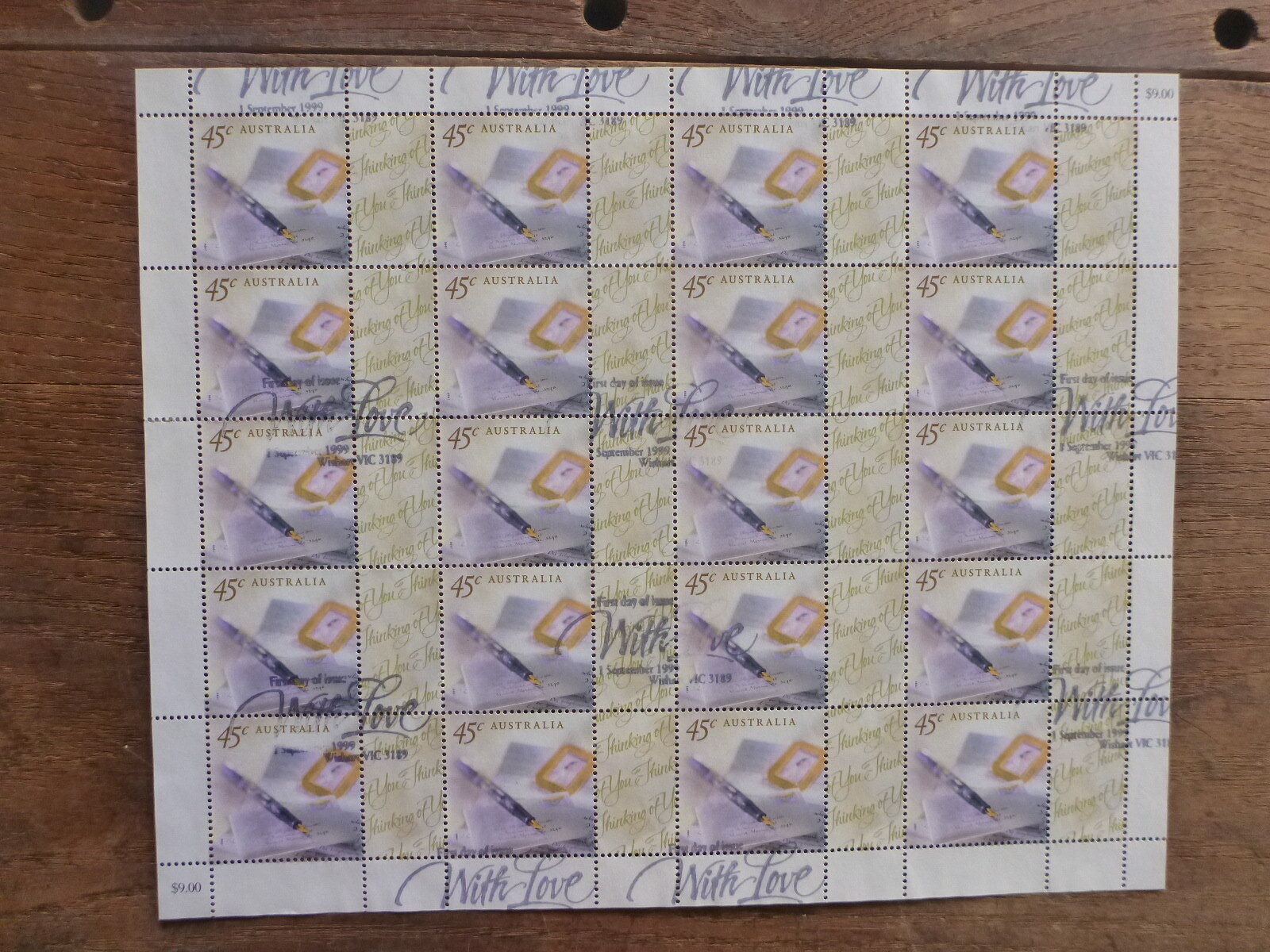 AUSTRALIA 1999 GREETINGS SHEETLET 20 TAB STAMPS FDI USED STAMPS 45c ...