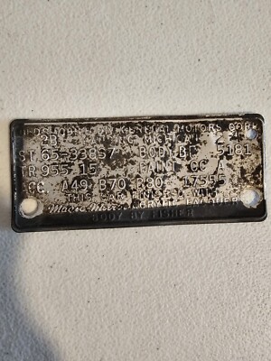 1965 Cutlass Supreme 2 Door Hard Top Cowl Data Tag Body Firewall White ...