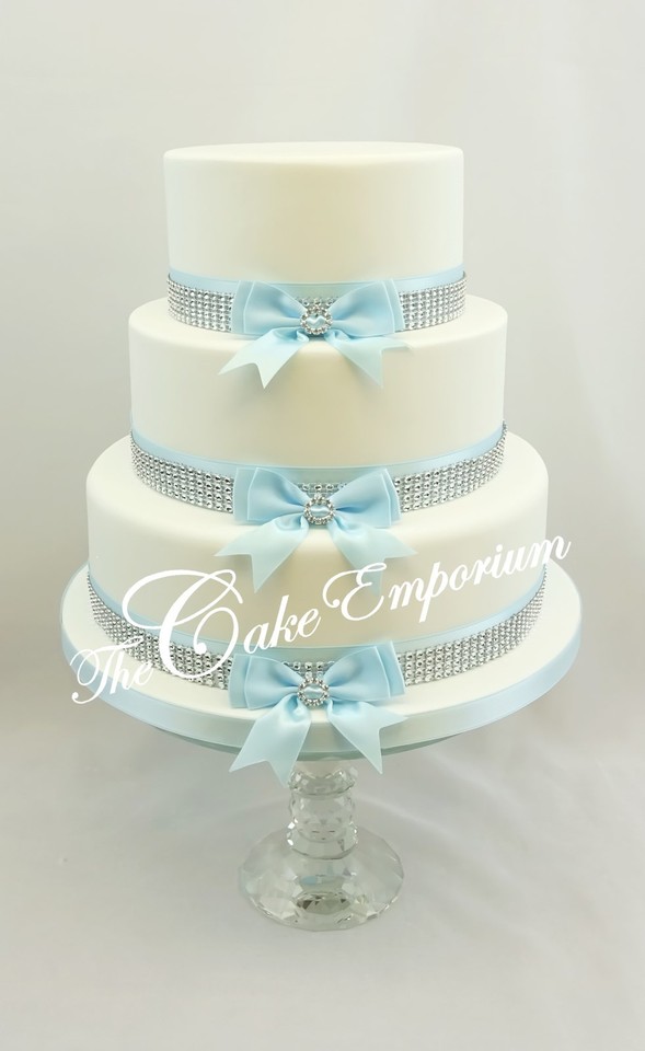 WEDDING CAKE DECORATION DIAMANTE BOWS BLUE RIBBON SILVER DIAMANTE TRIM ...