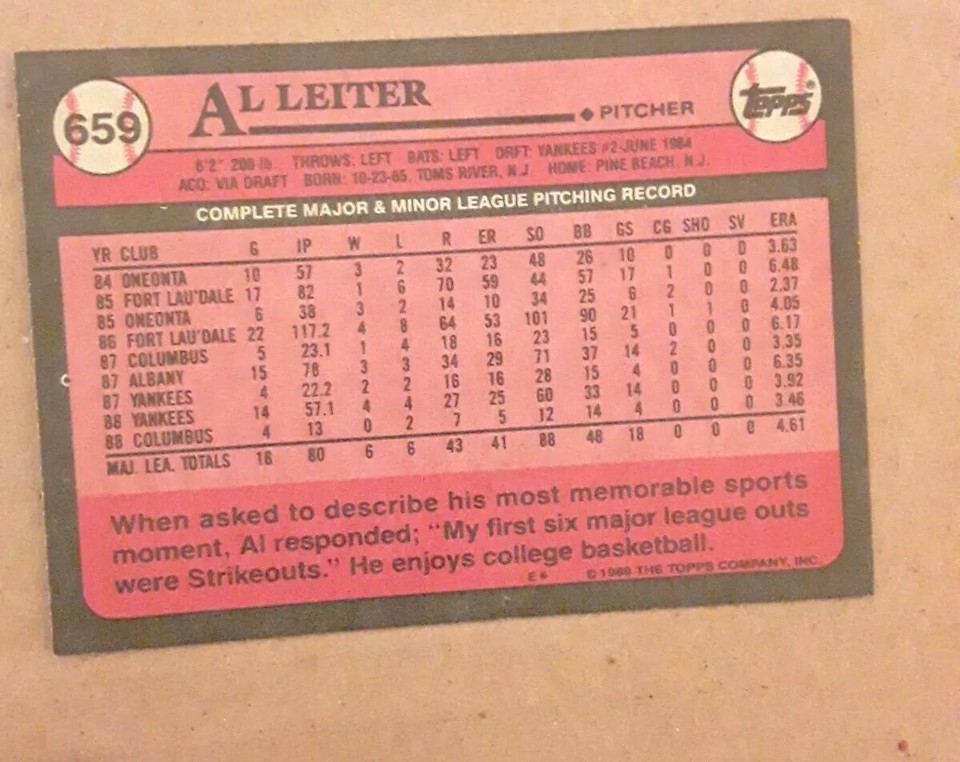 1989 Topps Al Leiter baseball card #659. New York Yankees. | eBay