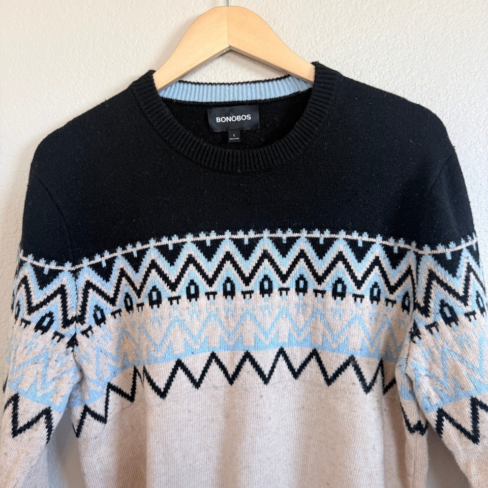 BONOBOS Mens Fair Isle Wool Blend Pattern Crew Neck Sweater Knit Size L ...