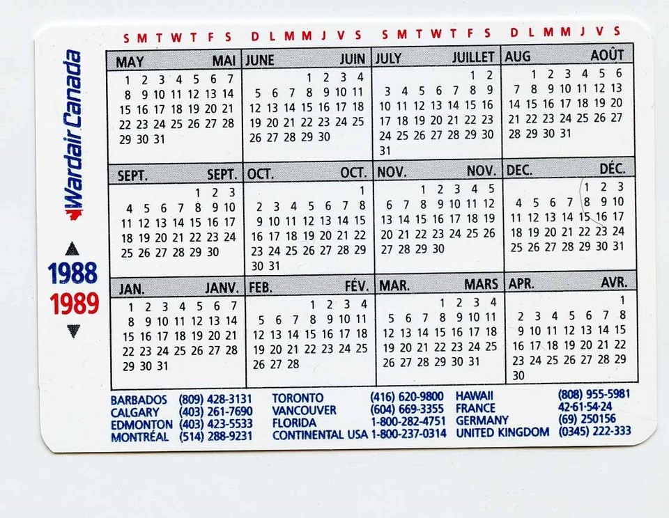 Wardair Canada Calendar 1988 1989 Pocket Calendar | eBay