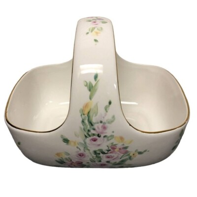 Vintage TELEFLORA GIFT Ceramic Basket Floral Gold Trimmed Collectible ...