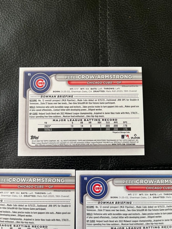 Pete Crow Armstrong "PCA" Rookie 3 Card Lot - 2024 Bowman Cubs Star | eBay
