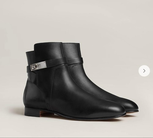 Auth HERMES Women's Short Boots Neo Black Silver EU38 US8 UK5 Logo ...