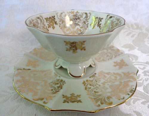 ALKA White and Gold Rose Filigree Wide Mouth Tea Cup & Saucer W ...
